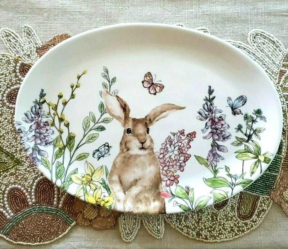 Grace Teaware Ceramic EASTER Bunny Rabbit Floral Butterfly Meadow OVAL ...