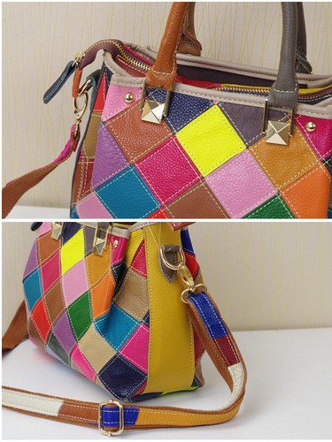 Multi-Color Genuine Leather Patchwork Women Satchel Handbag Tote ...