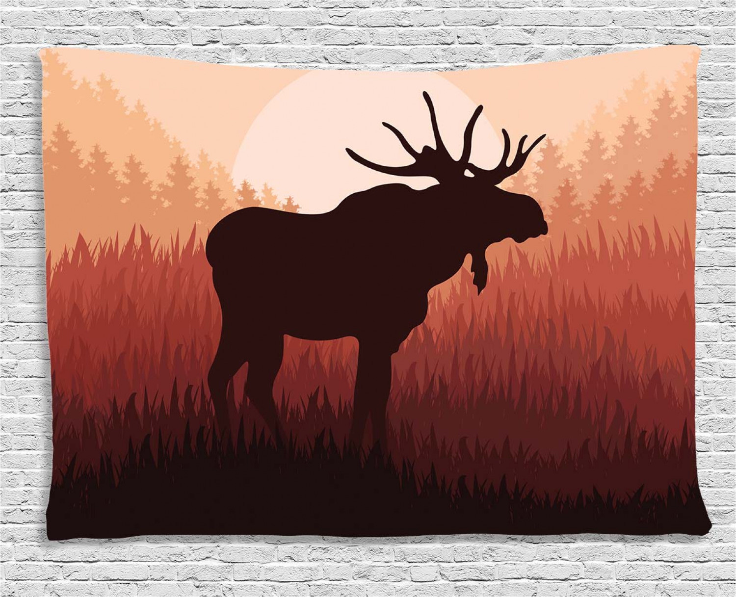 Moose Tapestry Red Forest Antlers Deer Print Wall Hanging Decor 60Wx40L ...