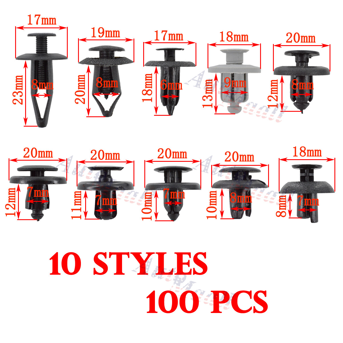 100pcs 10 SIZES Bumper Clips Rivets Retainer Fastener Car Hole Fender 9 ...