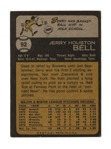 1973 Topps Baseball Card #92 Jerry Bell – Milwaukee Brewers | eBay