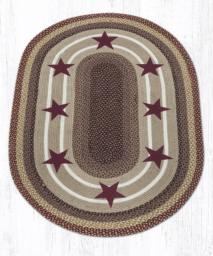 Braided Jute Painted Stenciled Oval Area Rug. BURGUNDY STARS. Earth ...