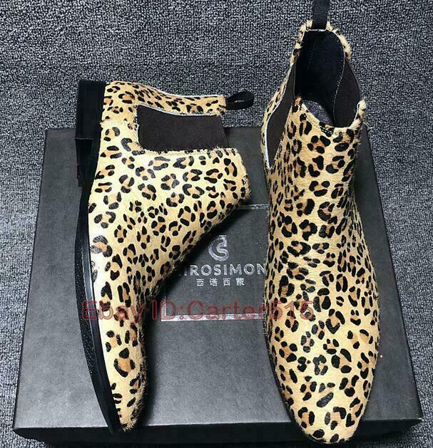 Men's Leather Leopard Print Pull On Nightclub Chelsea Ankle Boot Casual ...