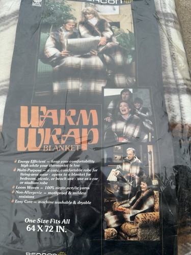Beacon Warm Wrap Tan Brown Plaid 64" X 72" Snap NOS Blanket Made in USA ...