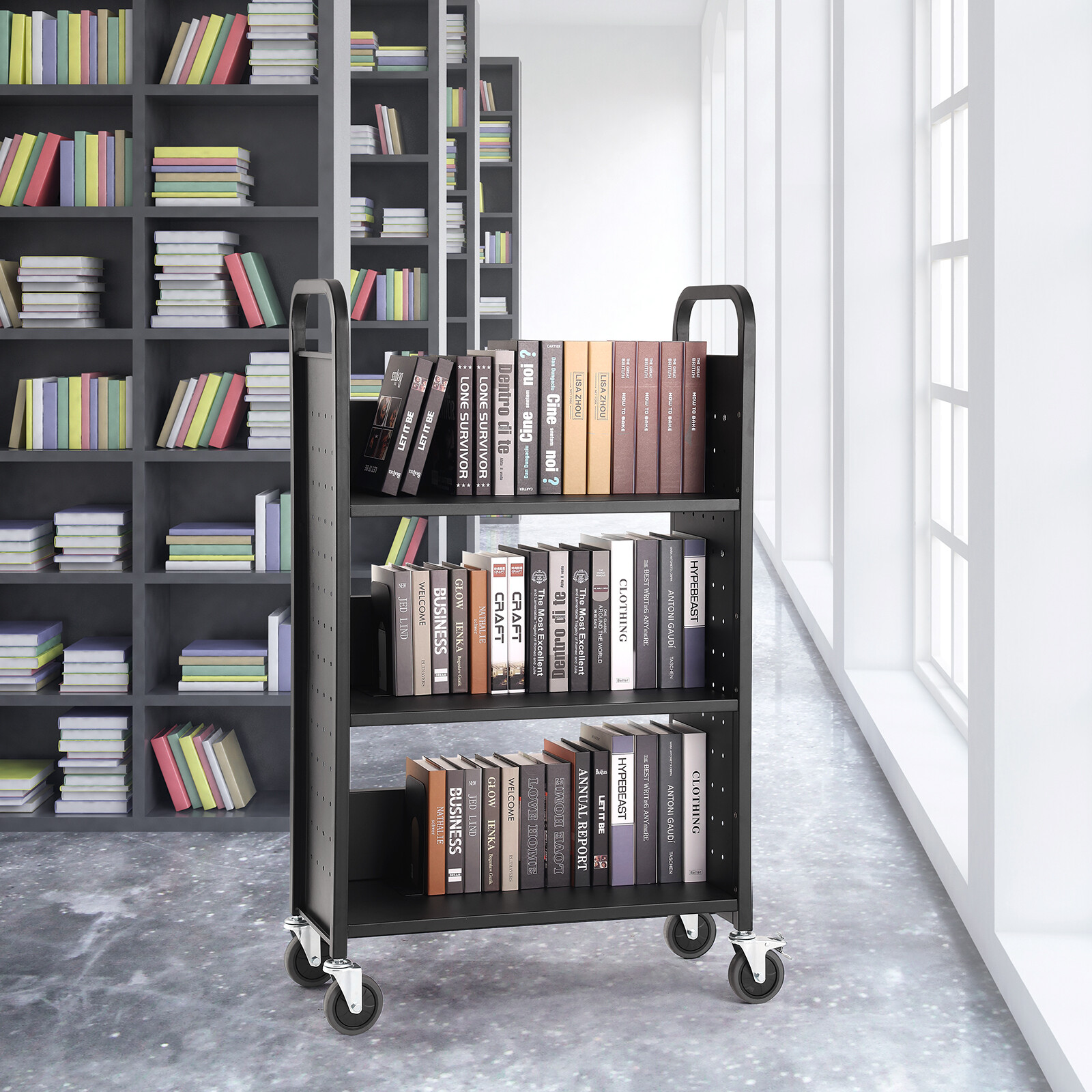 VEVOR Book Cart Library Cart 330 lbs Capacity with L-Shaped Shelves in ...