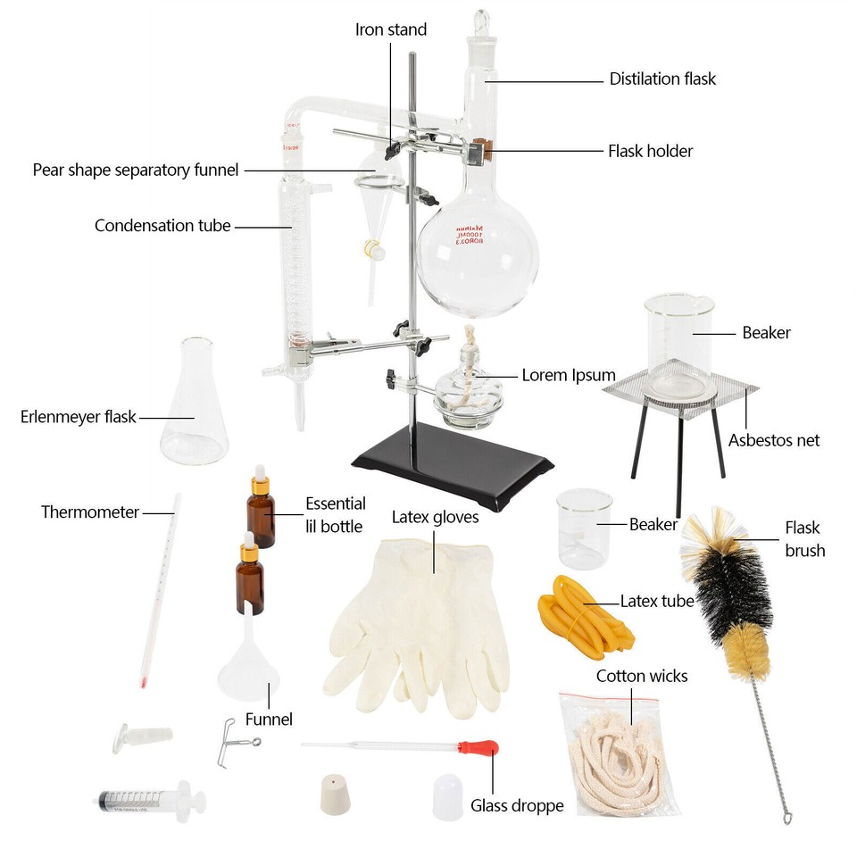 1000ml Distillation Apparatus Kit Lab Water Essential Oil Distiller ...