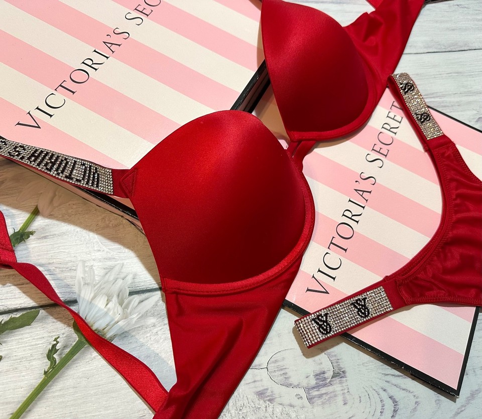 Victoria’s Secret Shine Strap Red Push Up Bra Thong Lingerie Set ...