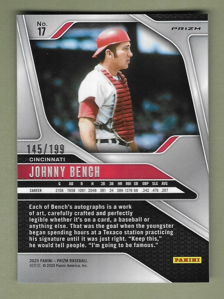 JOHNNY BENCH 2025 PANINI PRIZM BLUE SP INSERT CARD #'D /199 MLB HOF ...