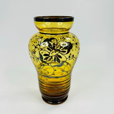 Transparent Yellow Glass Vase with Hand Painted Floral Silver Overlay ...