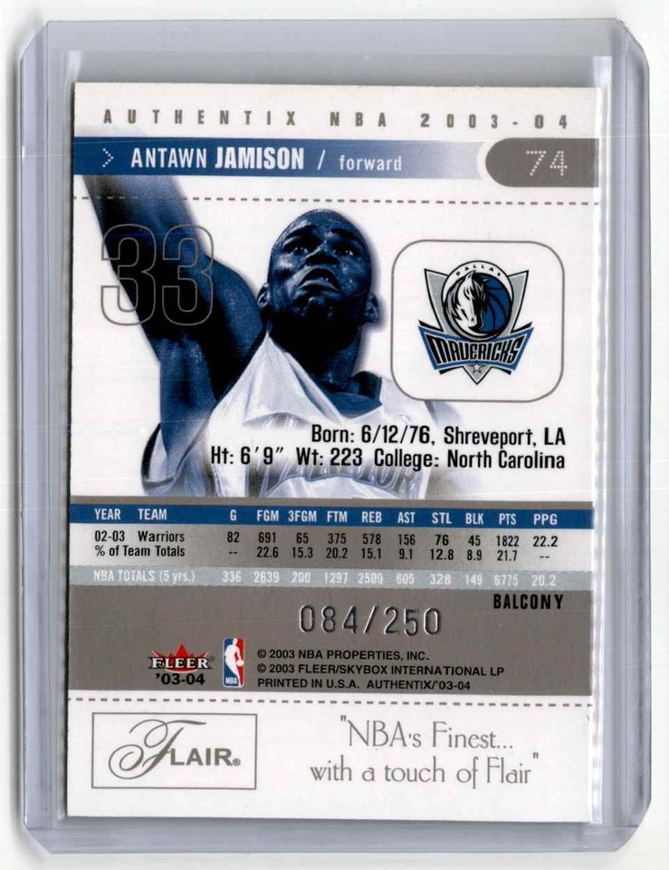 2003-04 Fleer Authentix Balcony Antawn Jamison 084/250 Dallas Mavericks ...
