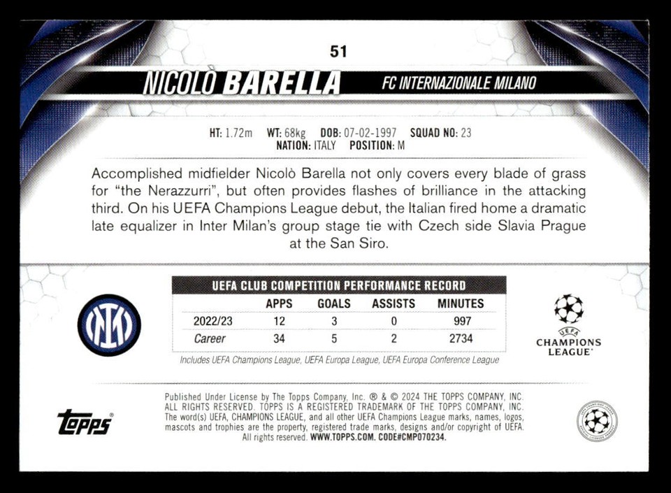 2023-24 Topps UEFA Club Competitions #51 Nicolò Barella card | eBay