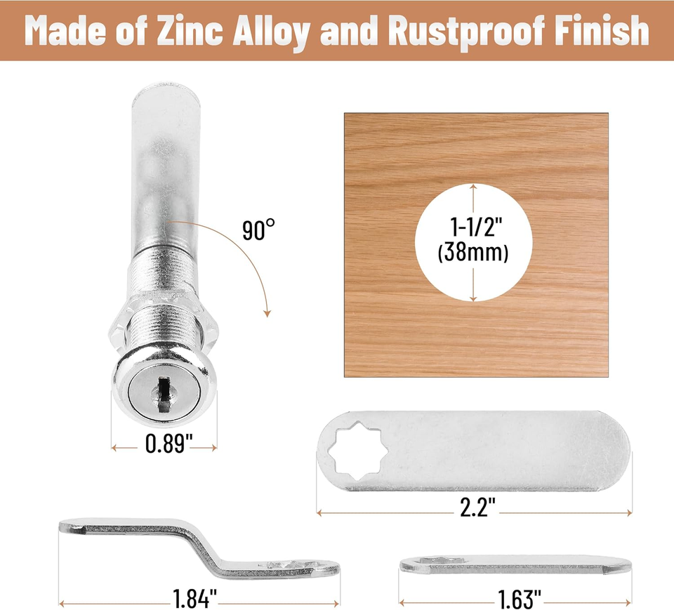 2 Pack 1-1/2" Cabinet Locks with Keys Long Cam Locks for Cabinets Keyed ...