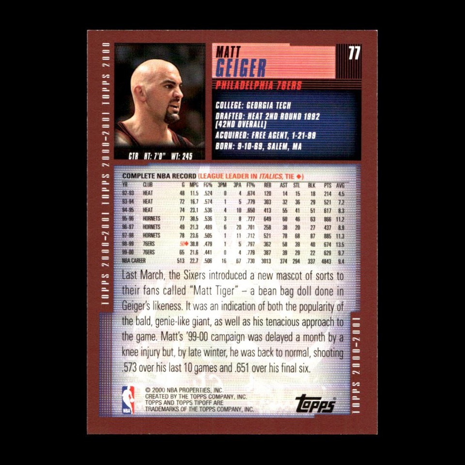 Matt Geiger 2000-01 Topps Tipoff Philadelphia 76ers #77 R328F 73 | eBay