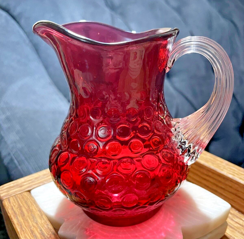 Vintage Fenton Cranberry Glass Inverted Coin Dot Pitcher Ribbed Handle ...