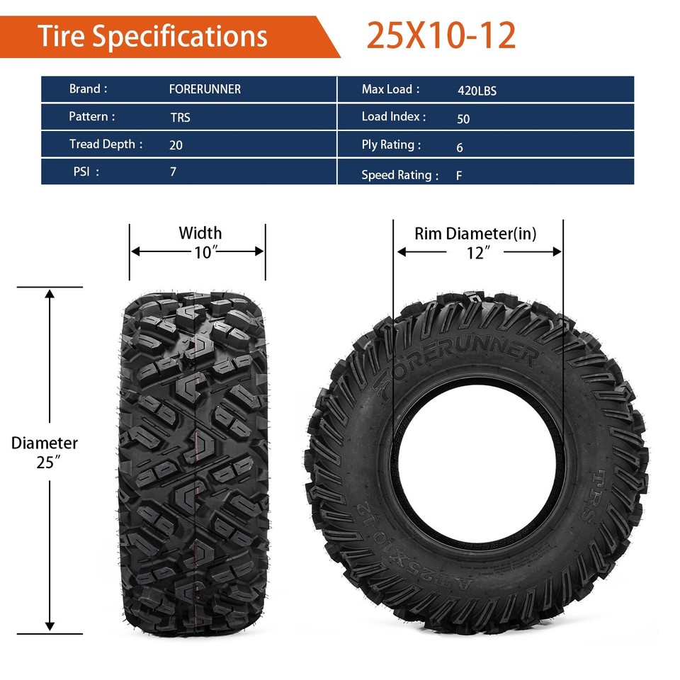 Set 2 25x10-12 ATV Tires 6Ply 25x10x12 UTV Tires 25 10 12 All Terrain ...