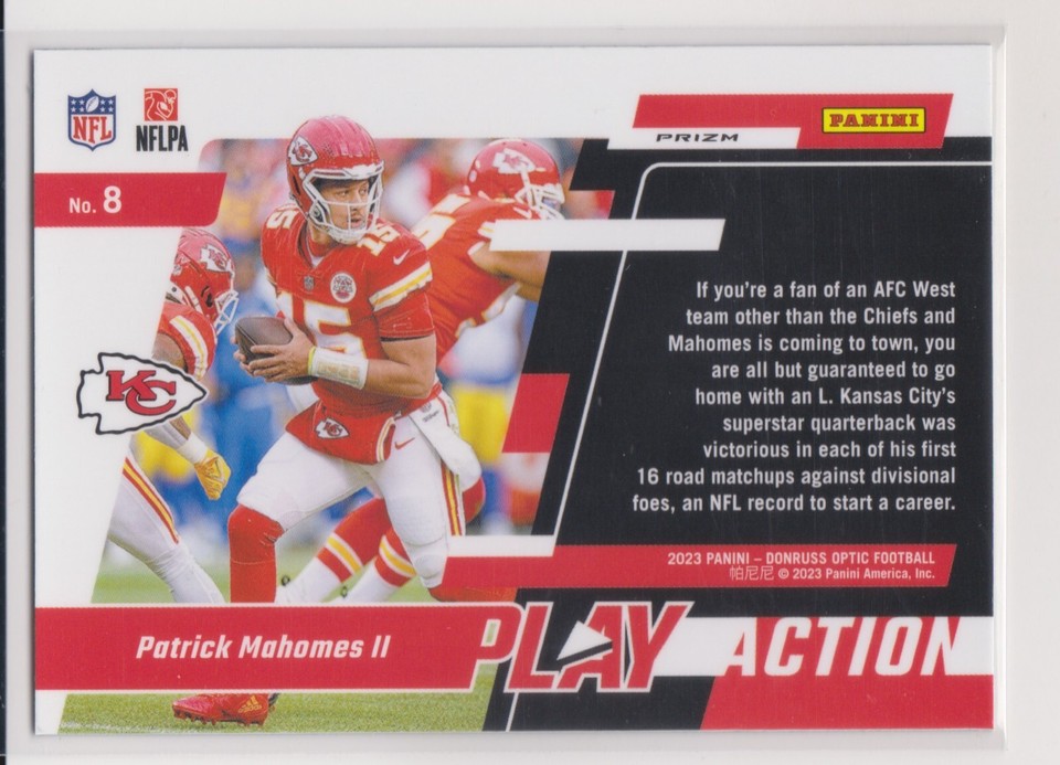 Patrick Mahomes 2023 Panini Donruss Optic Play Action Silver Prizm #8 ...
