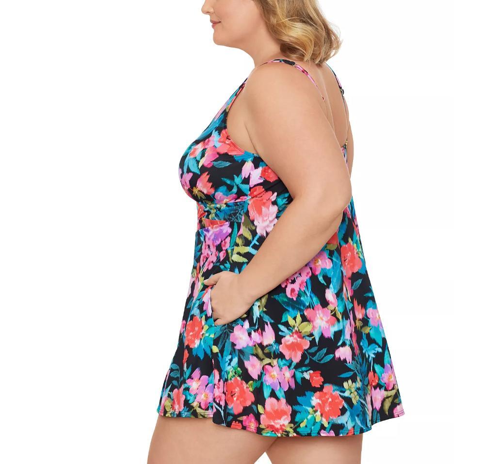 Swim SOLUTIONS Women Black Floral Stretch Allover Swimdress Size 20W ...