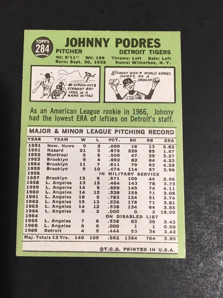 1967 TOPPS JOHNNY PODRES, #284, NM (Free Shipping On Any 3!) | eBay