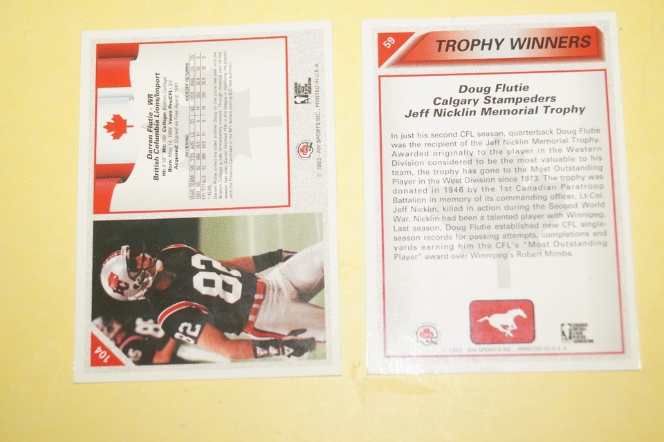 Doug Flutie 1992 All World CFL Sports Calgary Stampeders Trading Cards ...