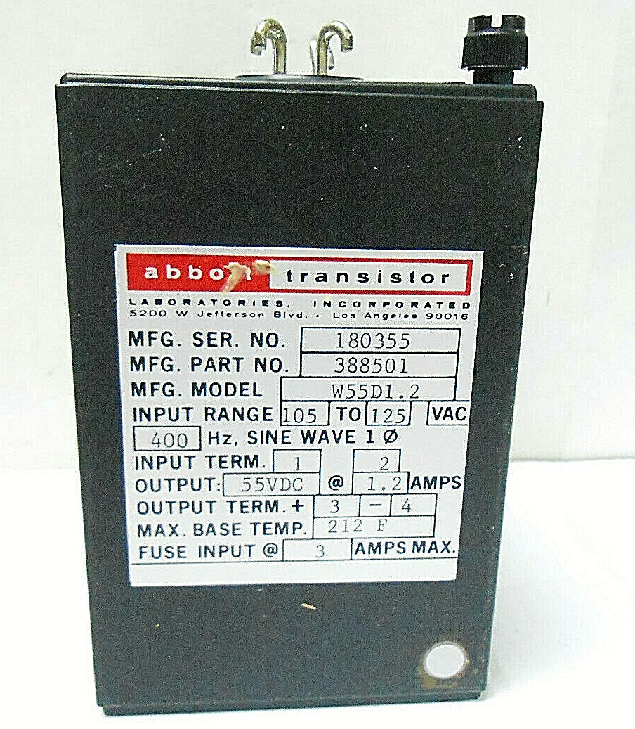 388501 ABBOTT POWER SUPPLY, 105-125 VAC/400 HERTZ/55 VDC/1.2 AMPS NEW ...