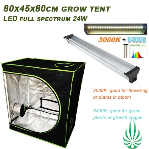 80x45x80cmHydroponic Grow Tent +Full Spectrum 2ft 24W LED Grow Light ...