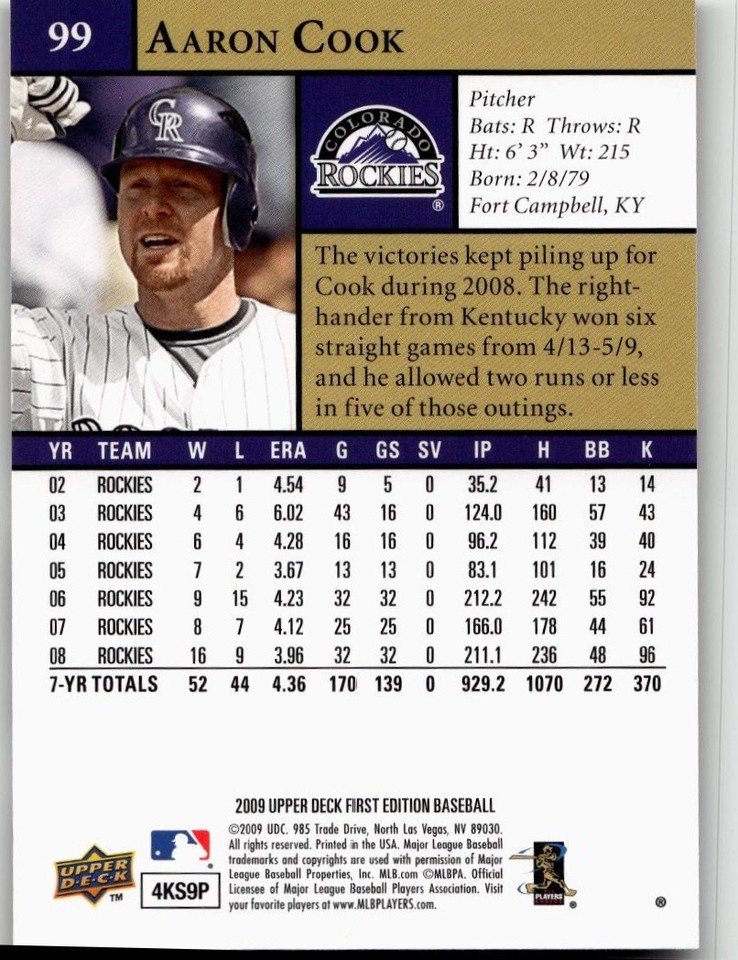 Aaron Cook 2009 Upper Deck First Edition Baseball Colorado Rockies | eBay