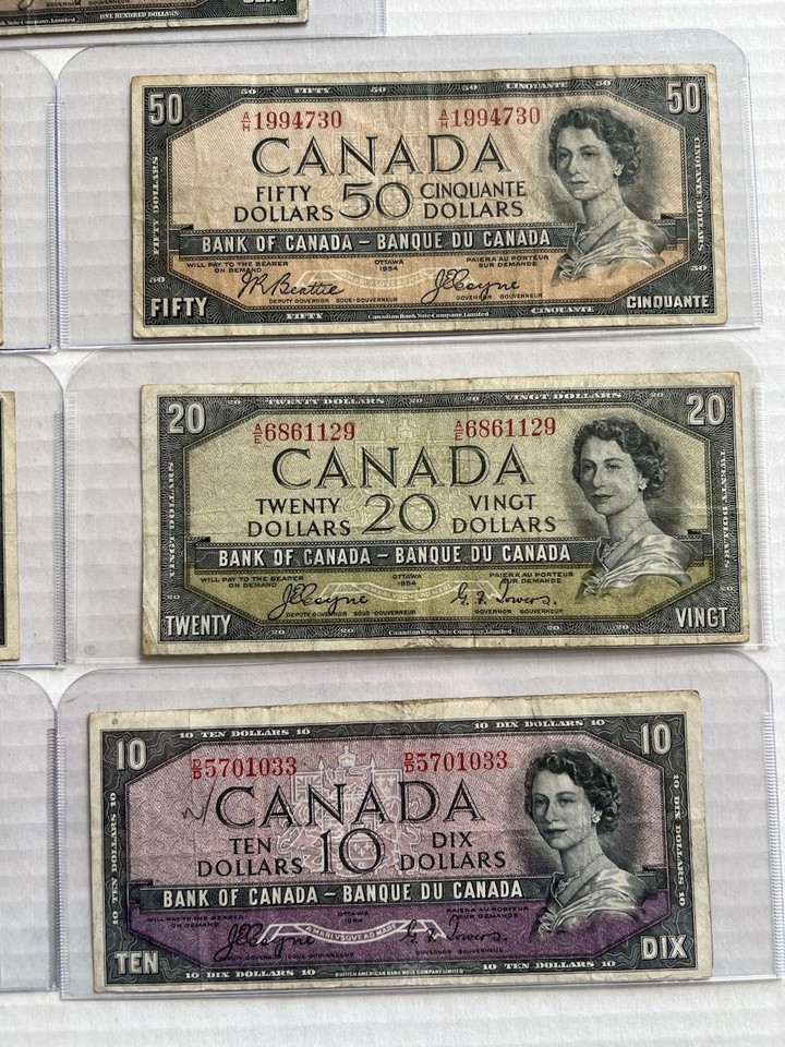 Devils Face 1954 Bank of Canada $1 - $100 Banknote Set 7 Notes Queen ...
