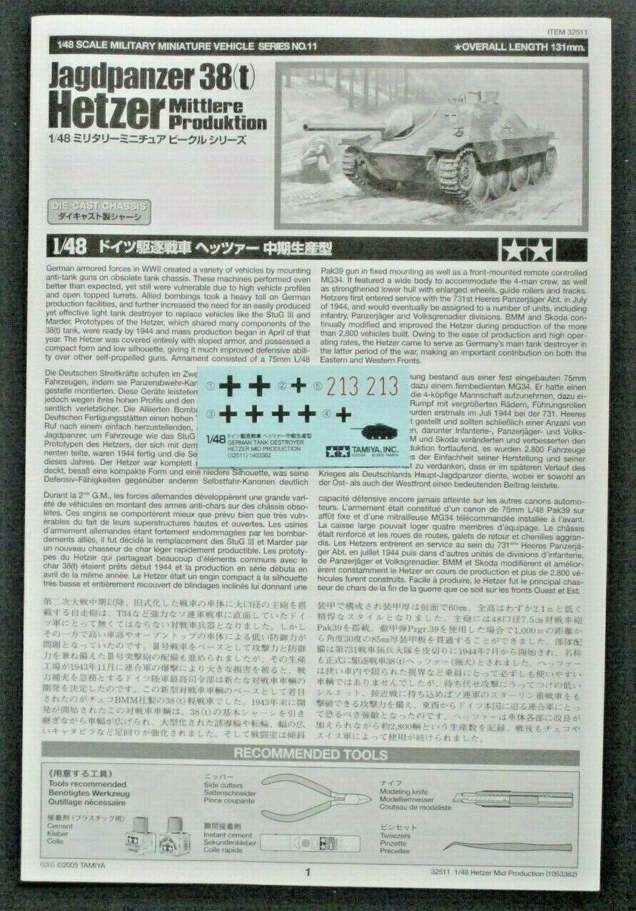 Tamiya 1/48 Scale German Jagdpanzer Hetzer Decal & Direction from Kit ...