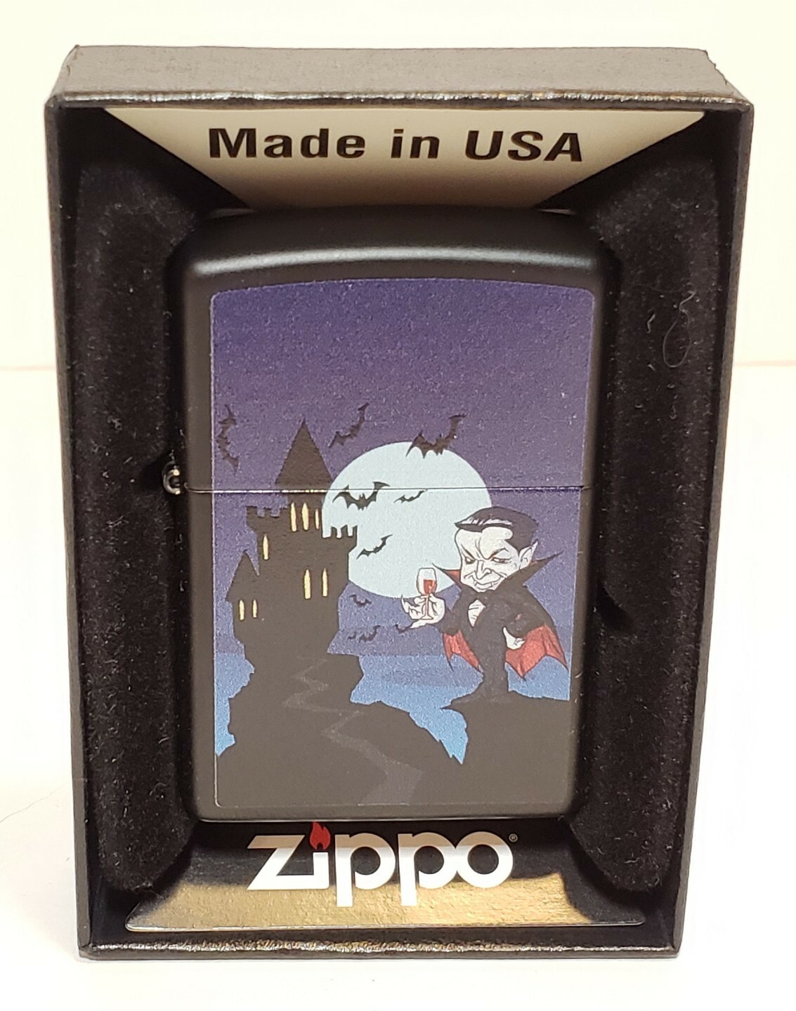 Zippo Lighter - Dracula & Castle Vampire Cartoon on Matte Black Metal ...