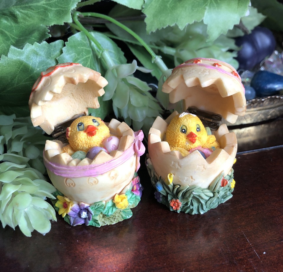 2pc Hinged Egg Hatching Chicks Box w Lid Figurine Easter Decor | eBay