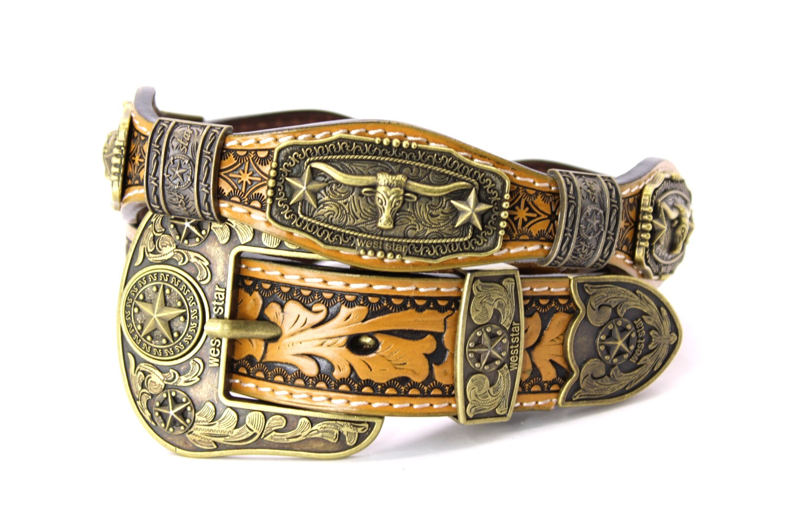 West Curve Belt Cowboy Bronze Gold Concho Longhorn Tan Brown Floral ...