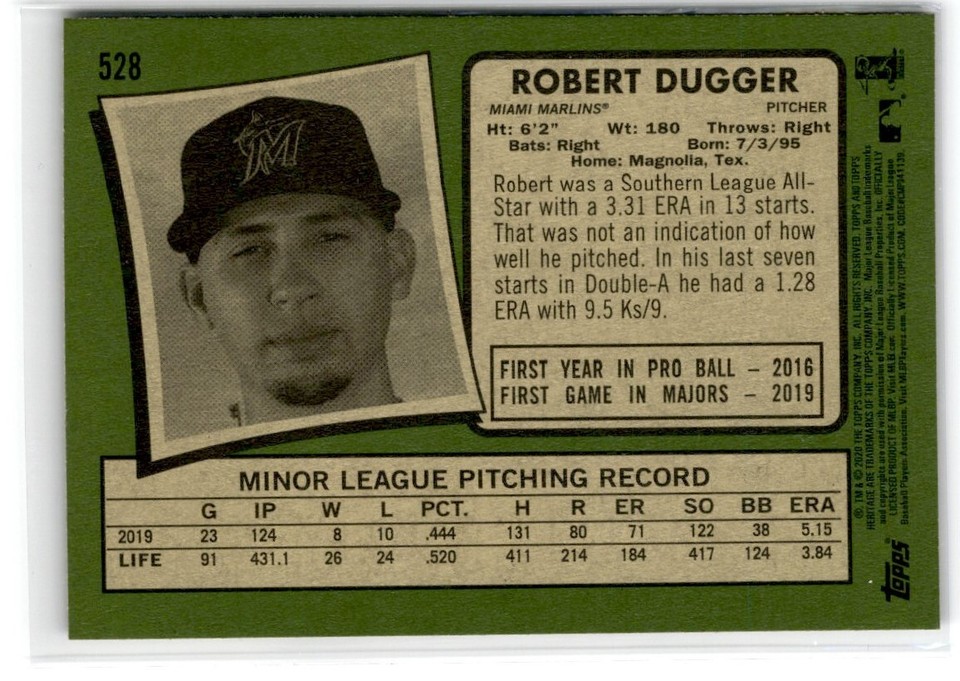 2020 Topps Heritage Robert Dugger RC Rookie Miami Marlins #528 | eBay