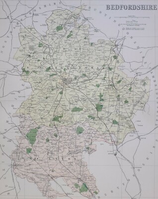1889 COUNTY MAP BEDFORDSHIRE AMPTHILL SHEFFORD BIGGLESWADE WOBURN ...