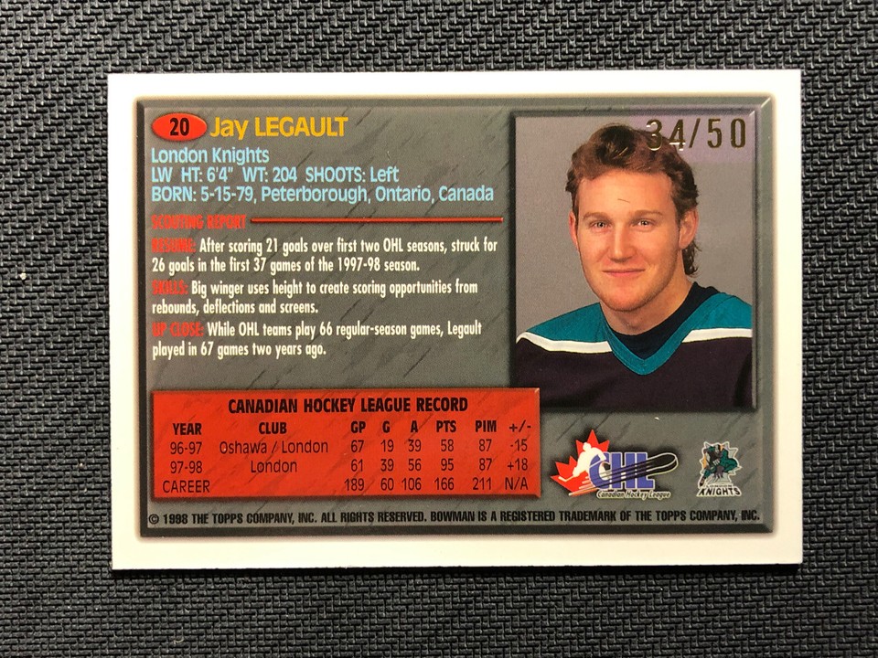 1998 BOWMAN CHL JAY LEGAULT RARE PRE-ROOKIE ANNIVERSARY #ed 34/50 | eBay