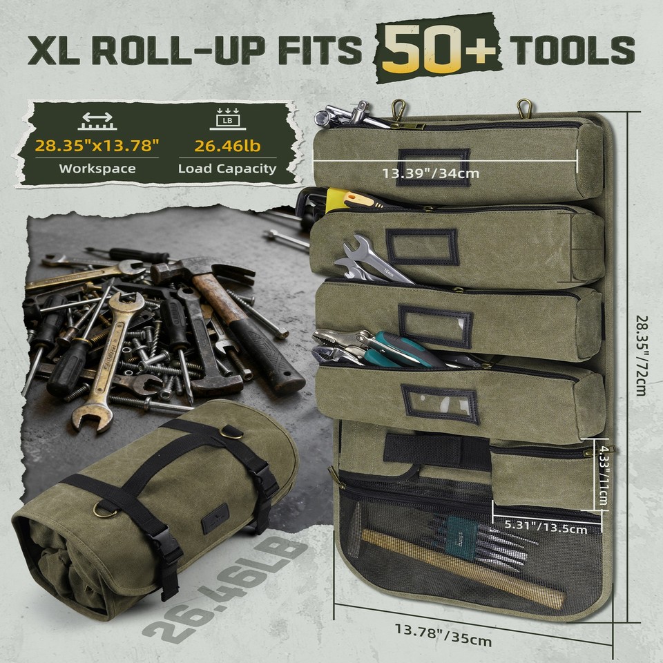 Heavy Duty Canvas Roll Up Tool Bag Organizer w/Detachable Tool Pouches ...