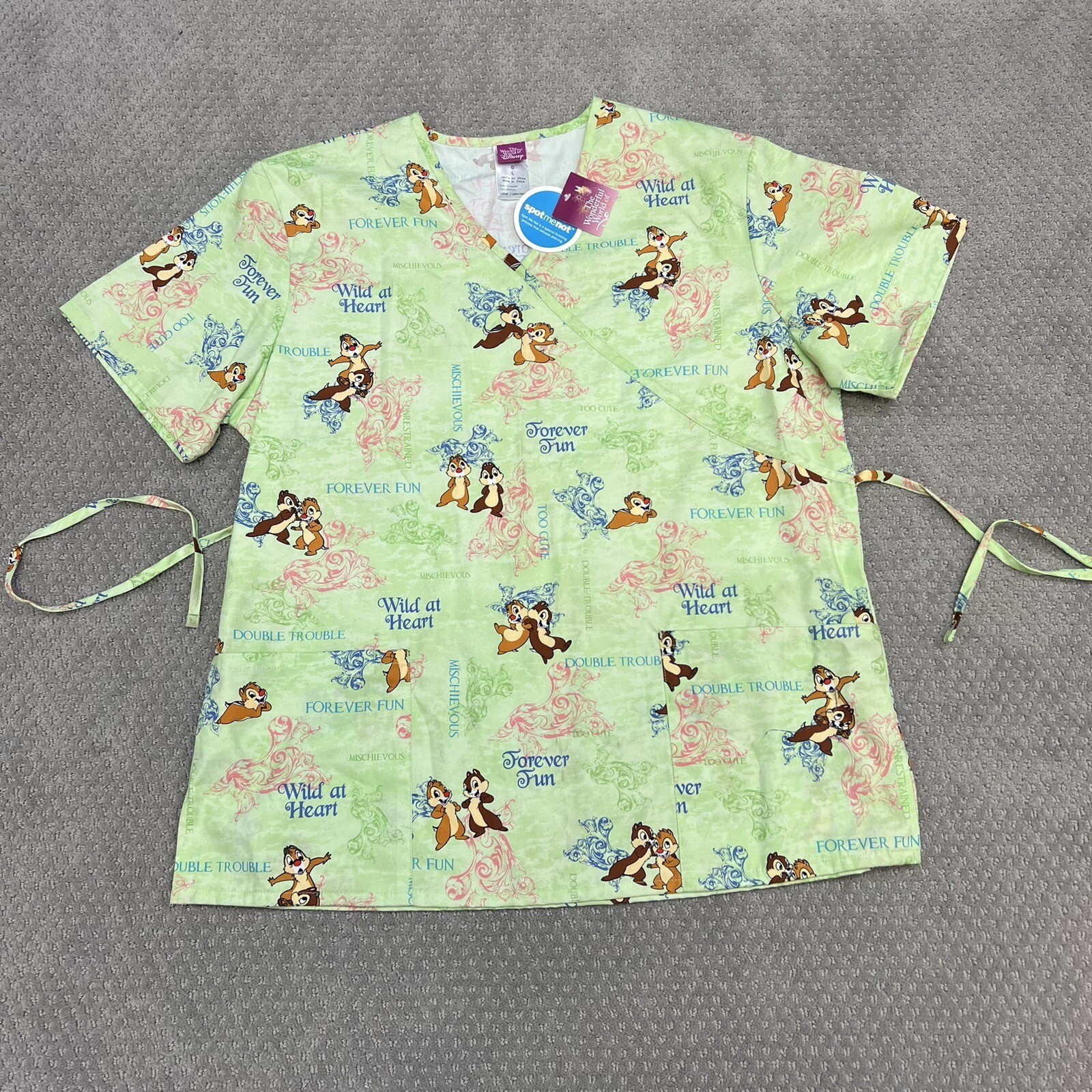 NWT Disney Chip Dale Chipmunks Scrub Top Green Size L Short Sleeve V ...