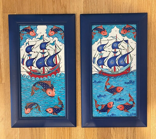 SET OF 2 WOOD FRAMED TURKISH IZNIK ART TILE CLIPPER SHIP AND FISH HAND ...