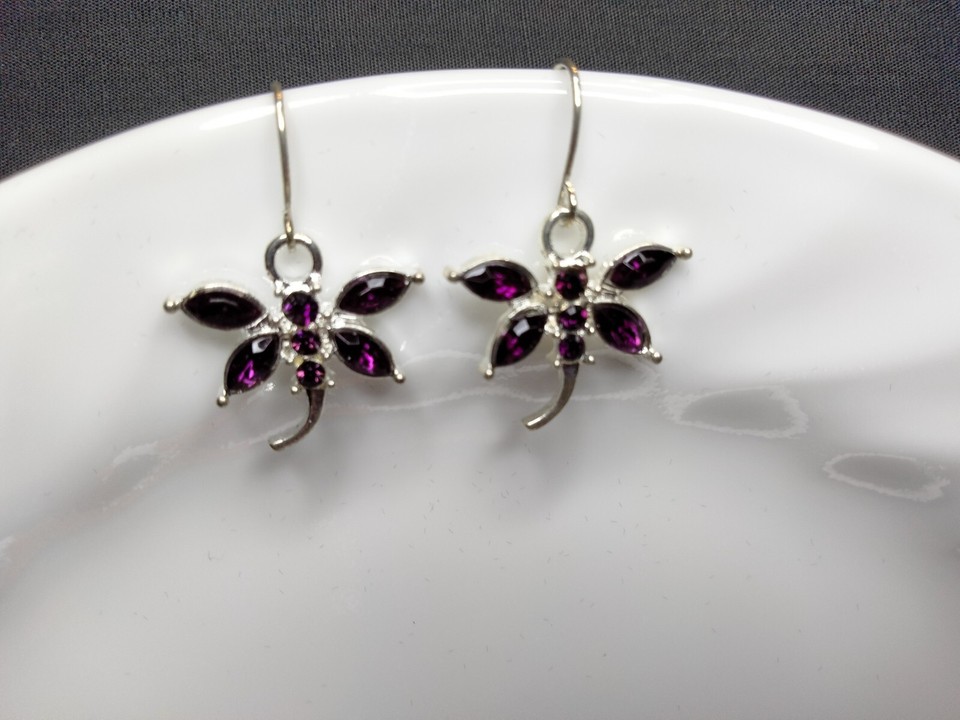 Butterfly Purple Rhinestone Charm Earrings Pierced French Wire | eBay