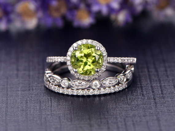 Round Cut Peridot Simulated Diamond Halo Ring Set 14K White Gold Finish ...