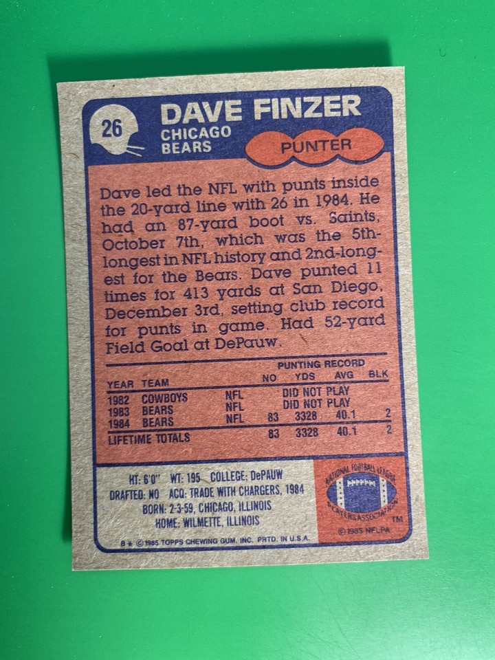1985 Topps Dave Finzer RC #26 Chicago Bears | eBay
