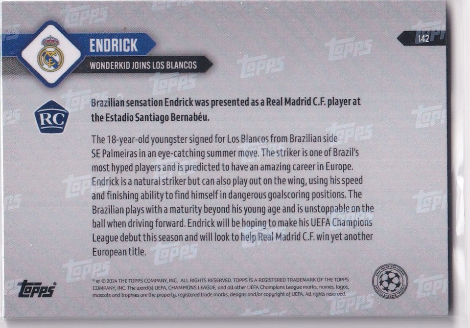 Topps Now 2024 CL No. 142 Endrick Wonderkid Joins Los Blancos With RC ...