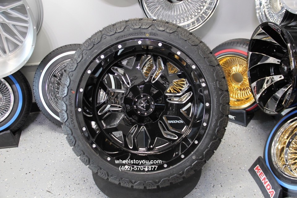 24x12" with 35s 8x6.5 8x165.1 Gloss Black Wheels Tires GMC CHEVY DODGE ...