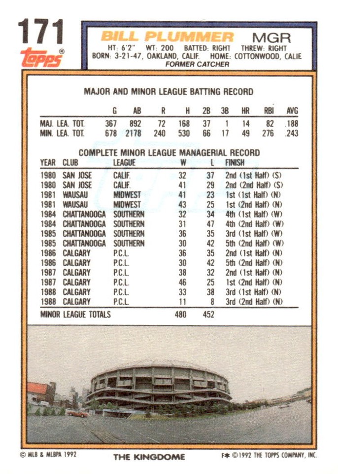 1992 Topps #171 Bill Plummer - Seattle Mariners | eBay
