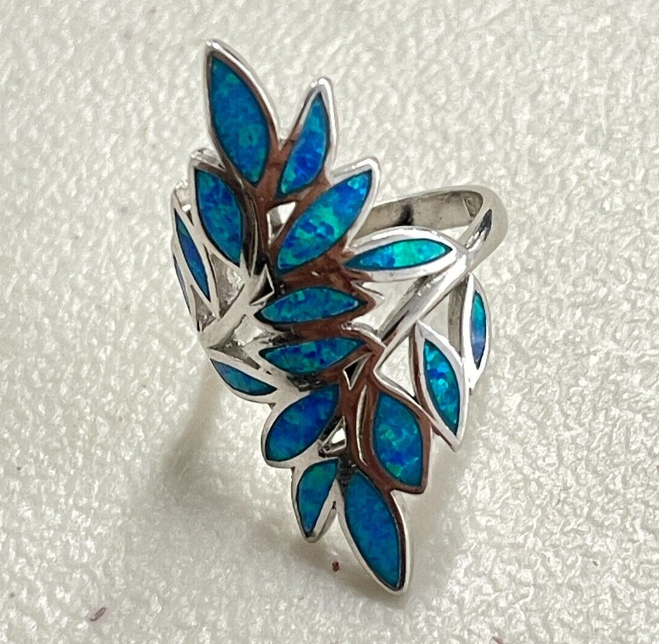 Sterling Silver Ring Leaves Blue Green Boulder Opal 925 Size 6.75 GLS ...