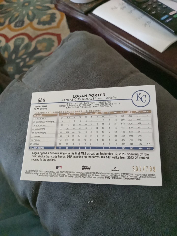 Logan Porter S P Rookie Purple 301 /399 Holo Foil 2024 Topps KC Royals ...