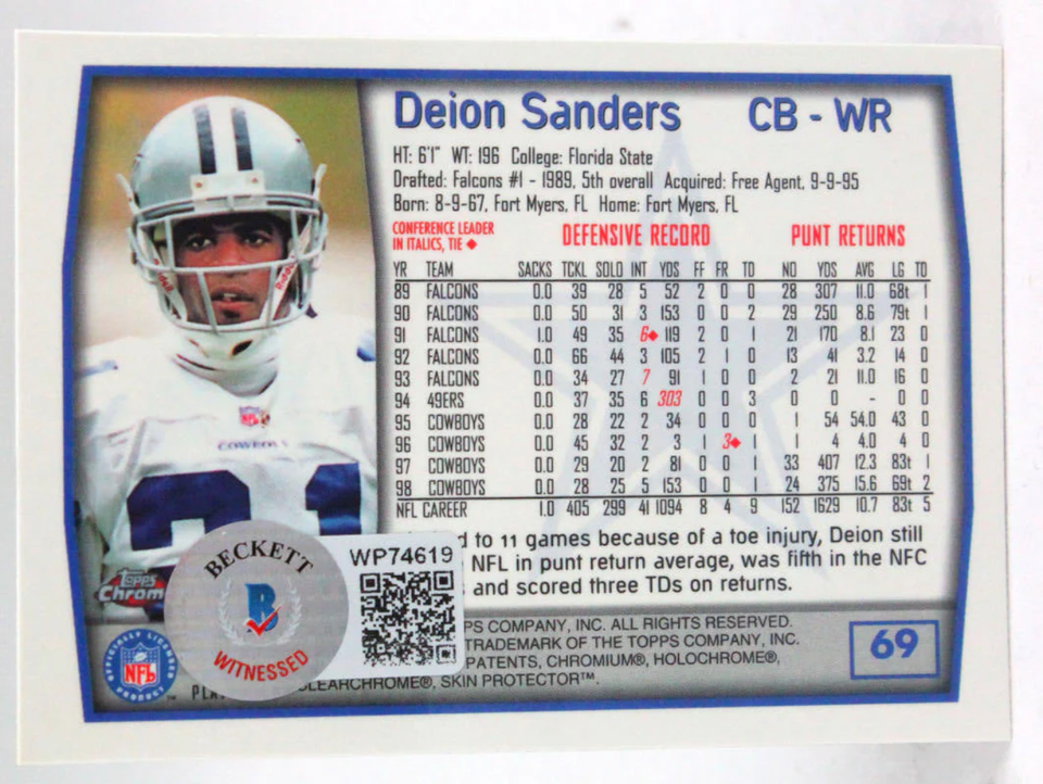 1999 Topps Chrome #69 Deion Sanders Dallas Cowboys Autograph Beckett ...