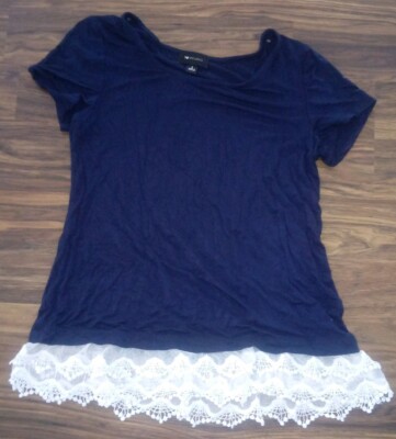 AB Studio women's top sz S Dark blue with long lace hem short sleeve ...