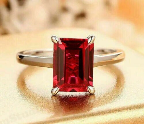 3 Ct Emerald Cut Simulated Red Ruby Solitaire Ring 14K Yellow Gold ...