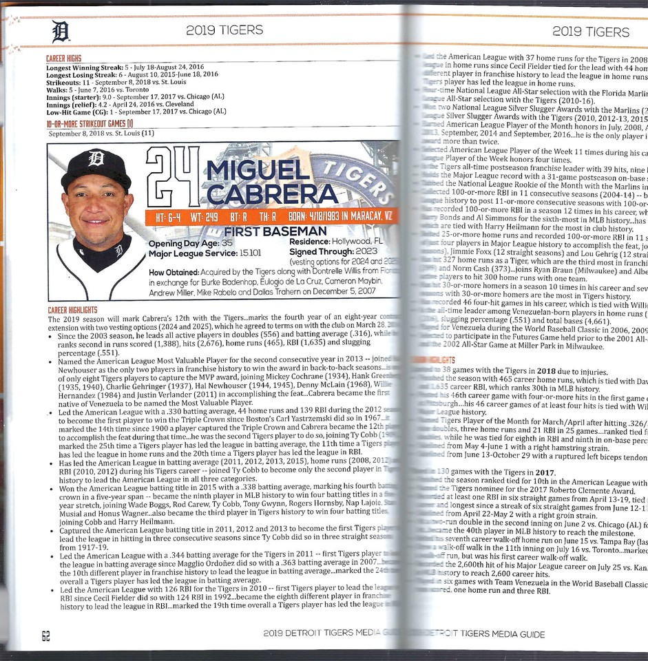 2019 Detroit Tigers Baseball Media Guide | eBay