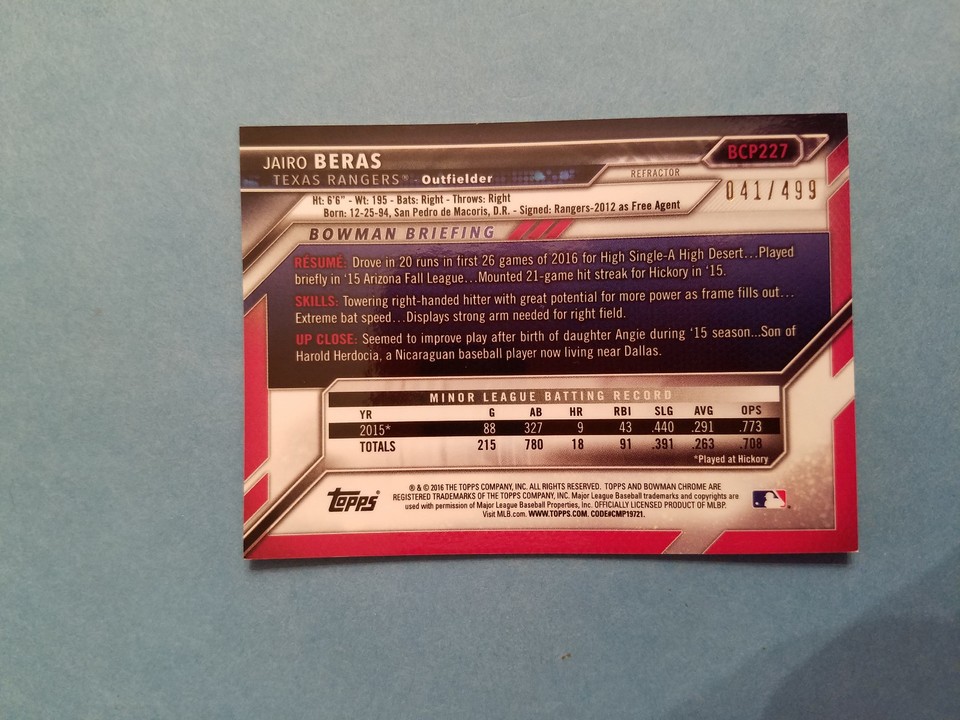 Jairo Beras 2016 Bowman Chrome Refractor 41/499 , Texas Rangers , # ...